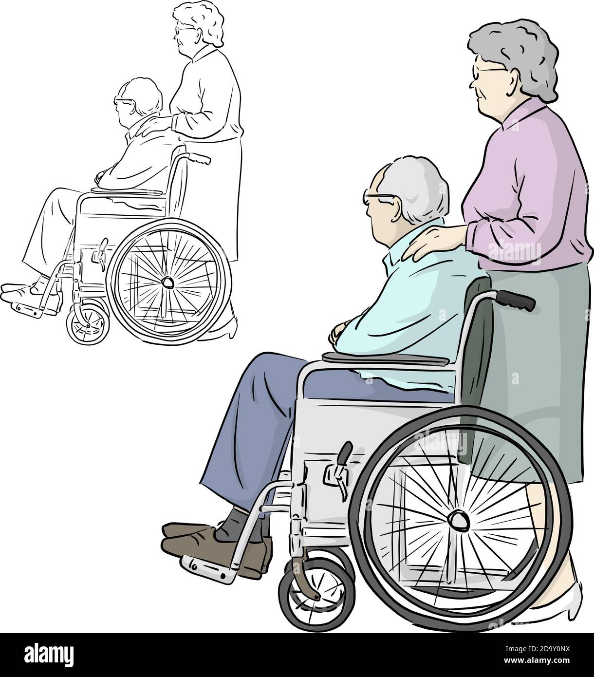 old woman standing with man sitting on wheelchair vector illustration ...