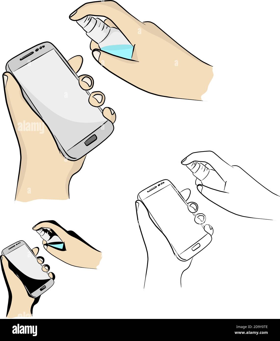 Closeup hands using spray alcohol sanitizer cleaning screen of ...