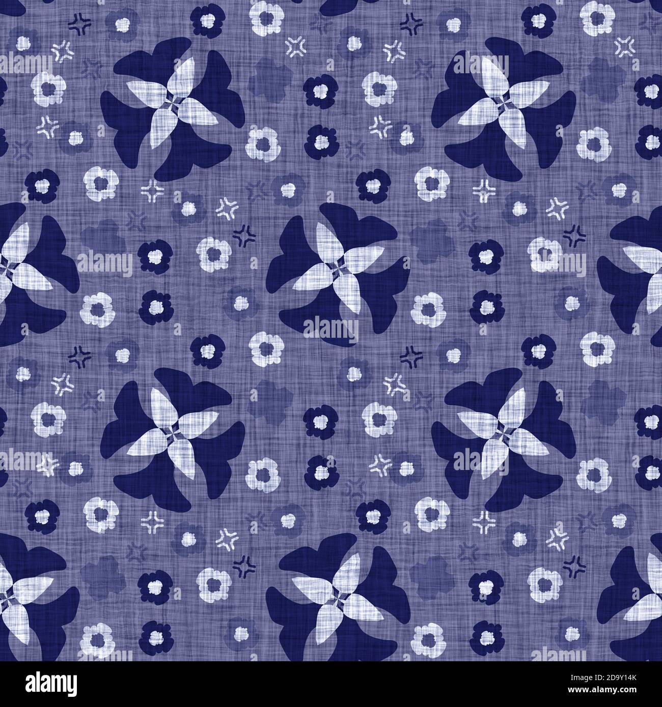 Indigo blue flower block print dyed linen texture background. Seamless ...