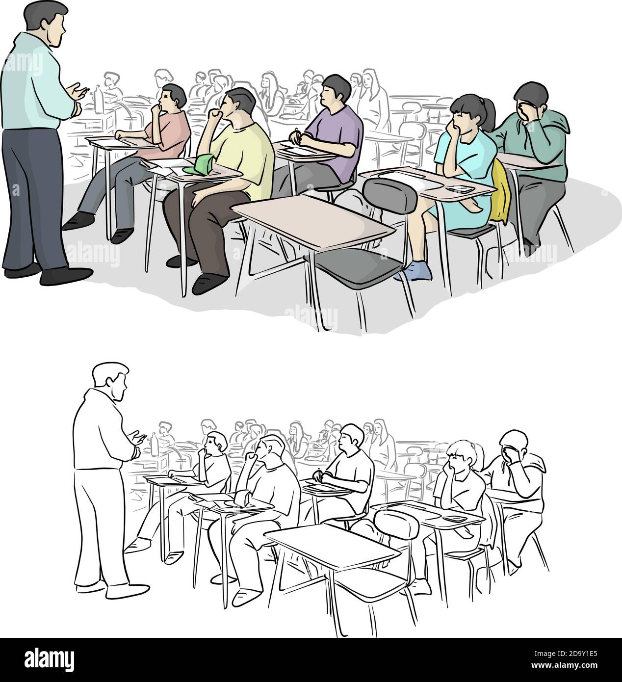 Young people sitting at the tables and listening to a lecture in ...