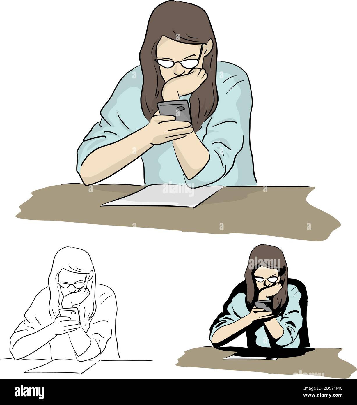woman with glasses using smartphone while working on desk vector ...