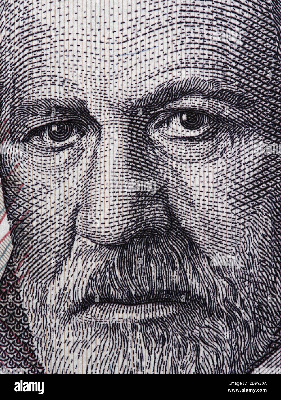 Sigmund Freud face portrait on Austria 50 schilling banknote closeup ...