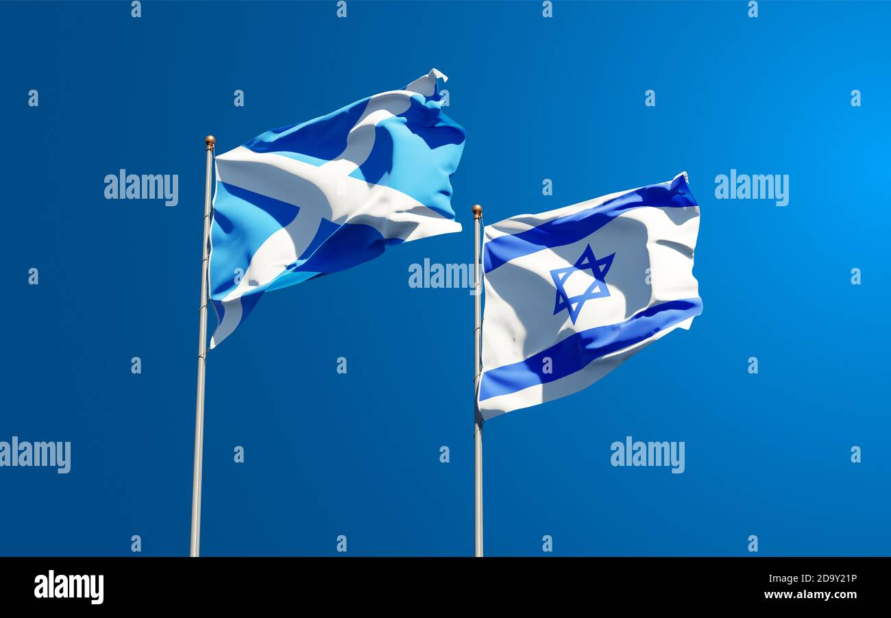 Beautiful national state flags of Scotland and Israel together at the ...