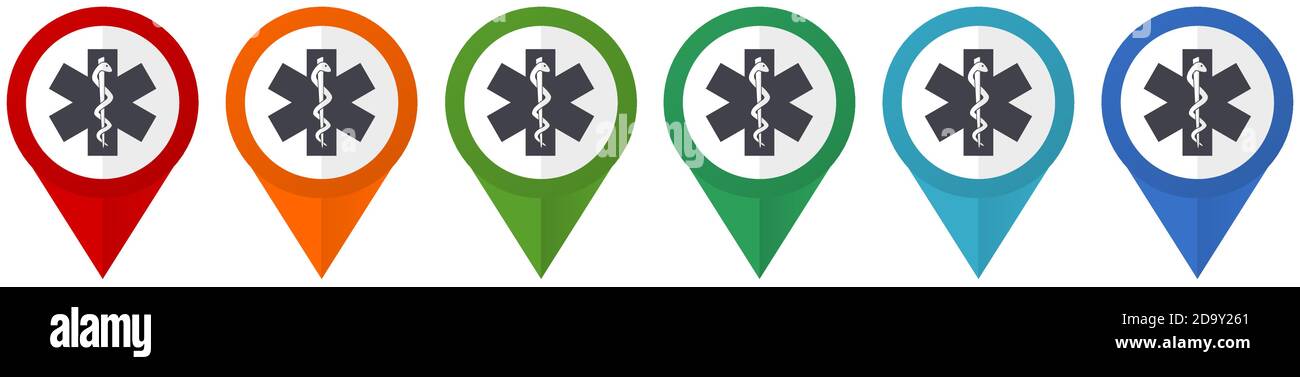 Emergency vector pointers, set of colorful flat design icons isolated ...