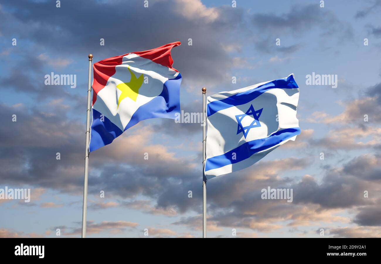Beautiful national state flags of Saba and Israel together at the sky ...