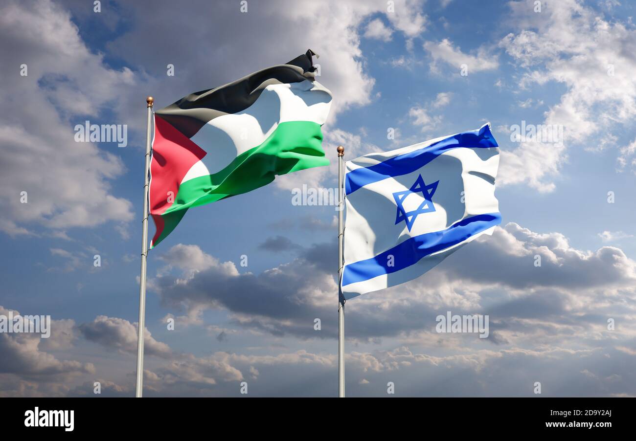 Beautiful national state flags of Palestine and Israel together at the ...