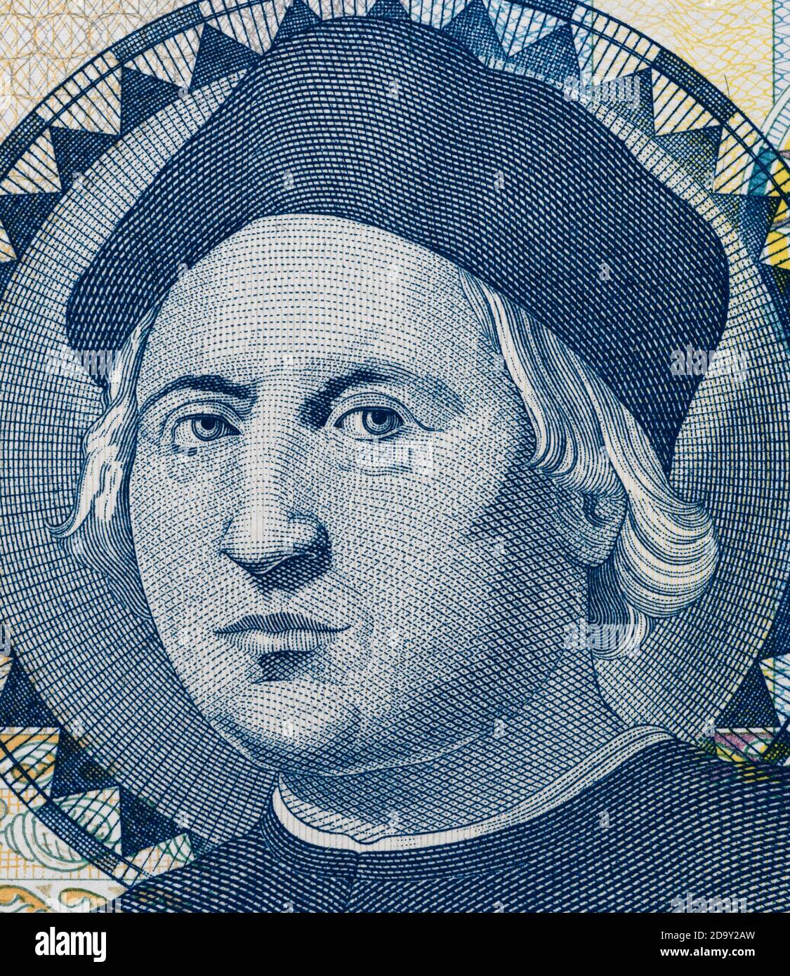 Christopher Columbus portrait on Bahamas one dollar banknote macro ...