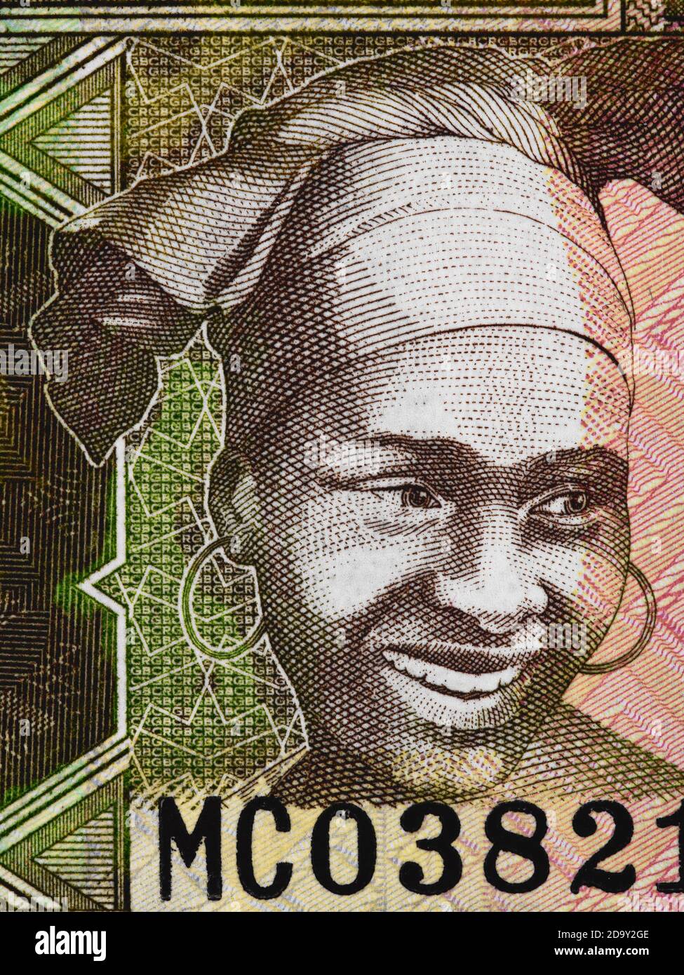 African girl face on Guinea currency 500 franc banknote macro, African ...