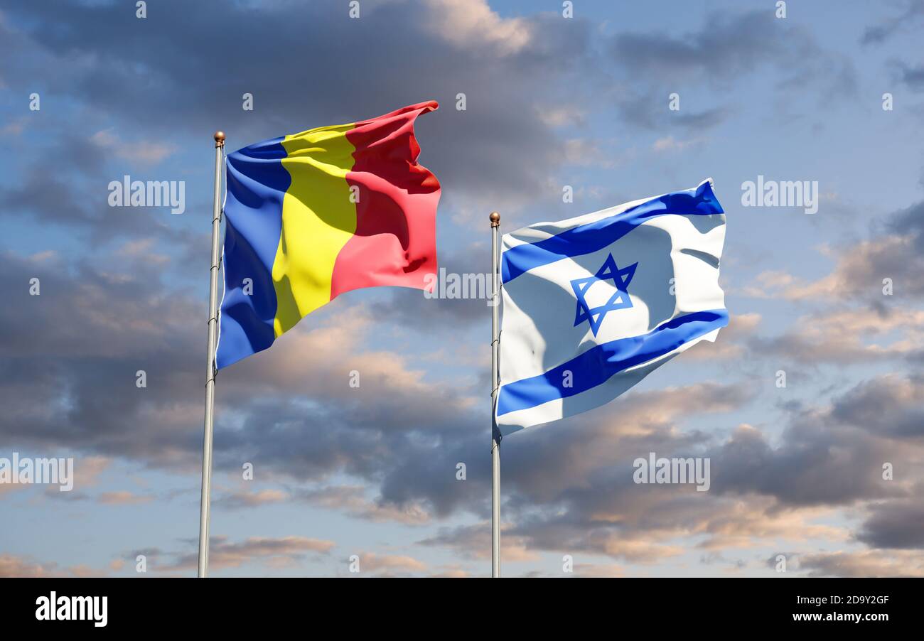 Beautiful national state flags of Romania and Israel together at the ...