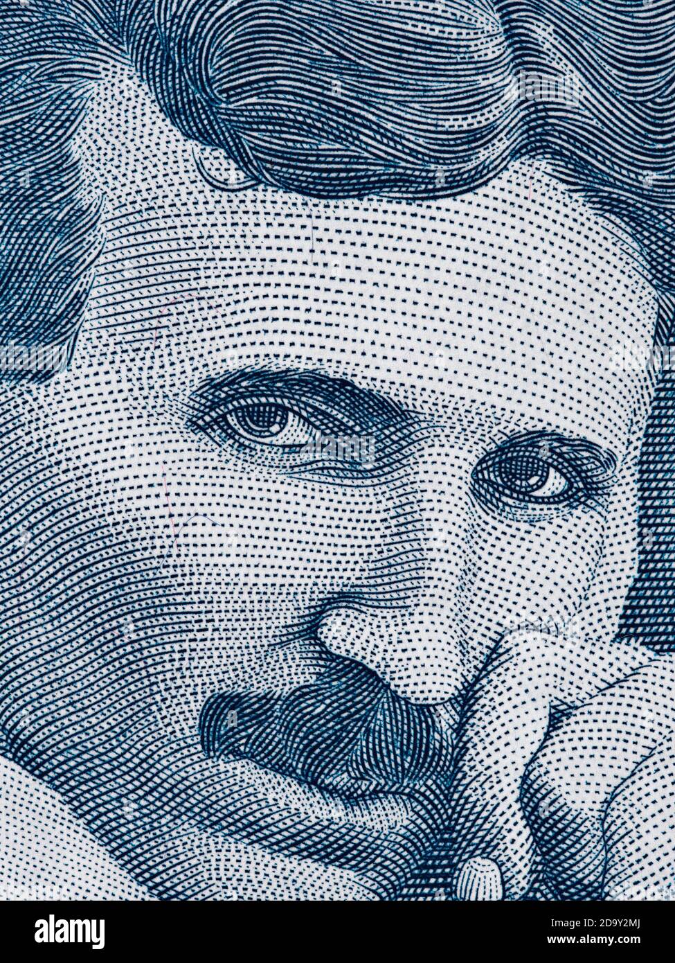 Nikola Tesla partrait on Serbia 100 dinars banknote extreme macro ...