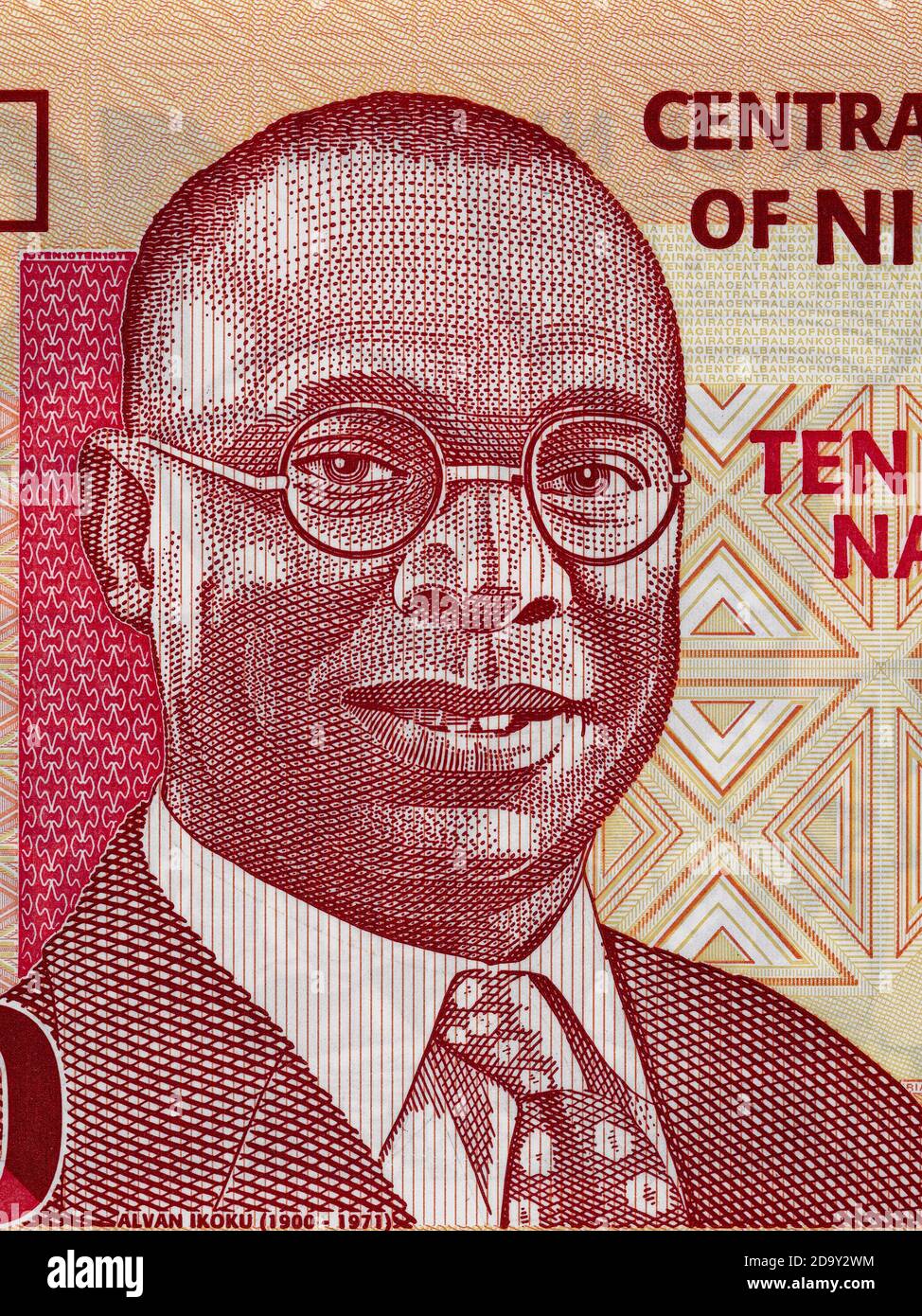 Alvan Ikoku portrait on Nigeria 10 naira banknote close up macro ...