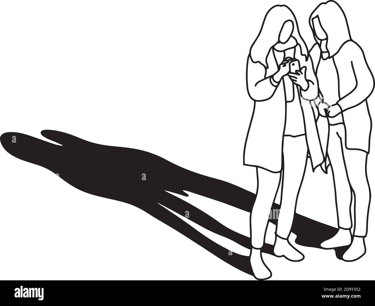 two woman using mobile phone with long shadow vector illustration with ...
