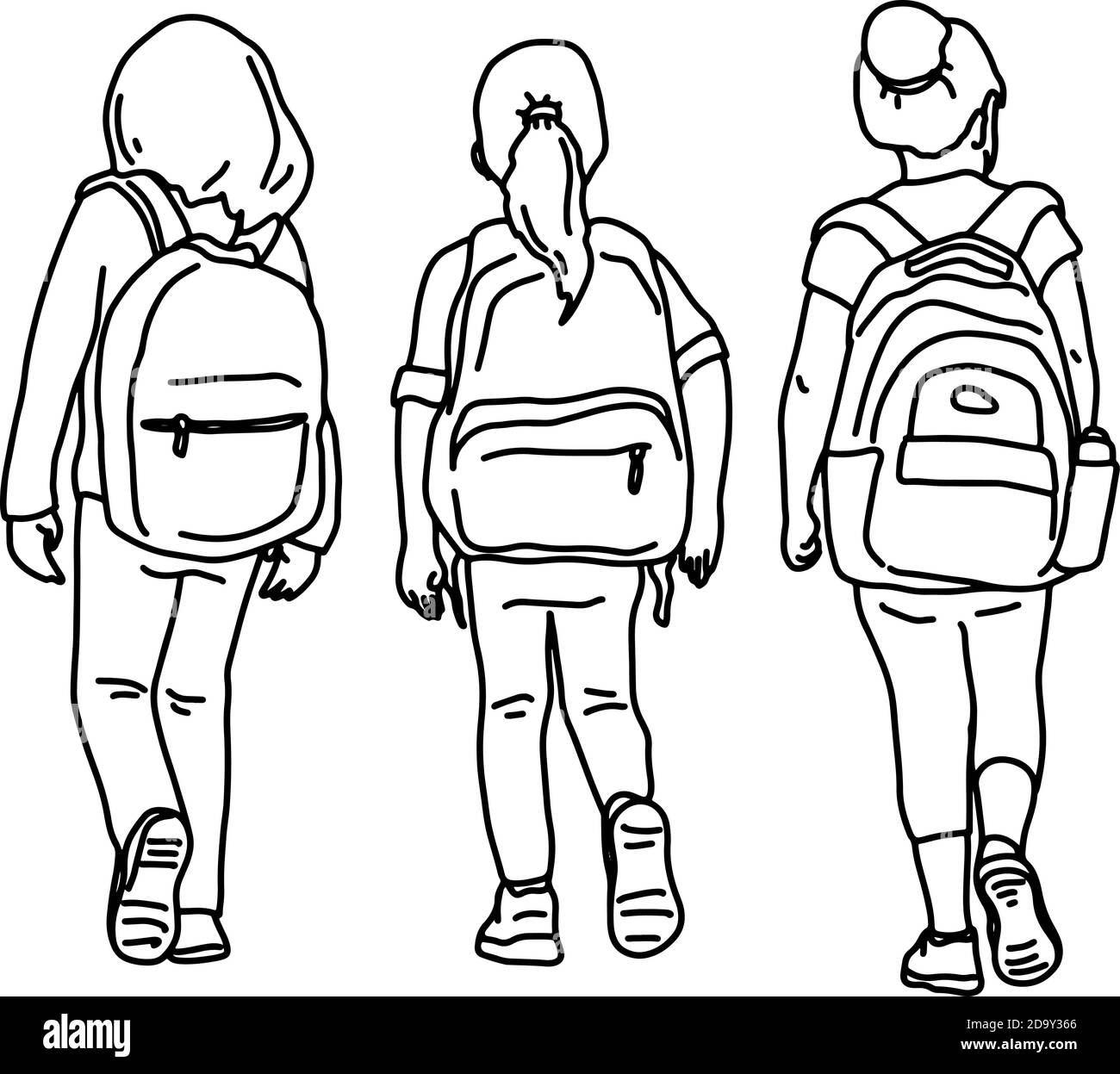 back view of three girl students vector illustration sketch doodle hand ...