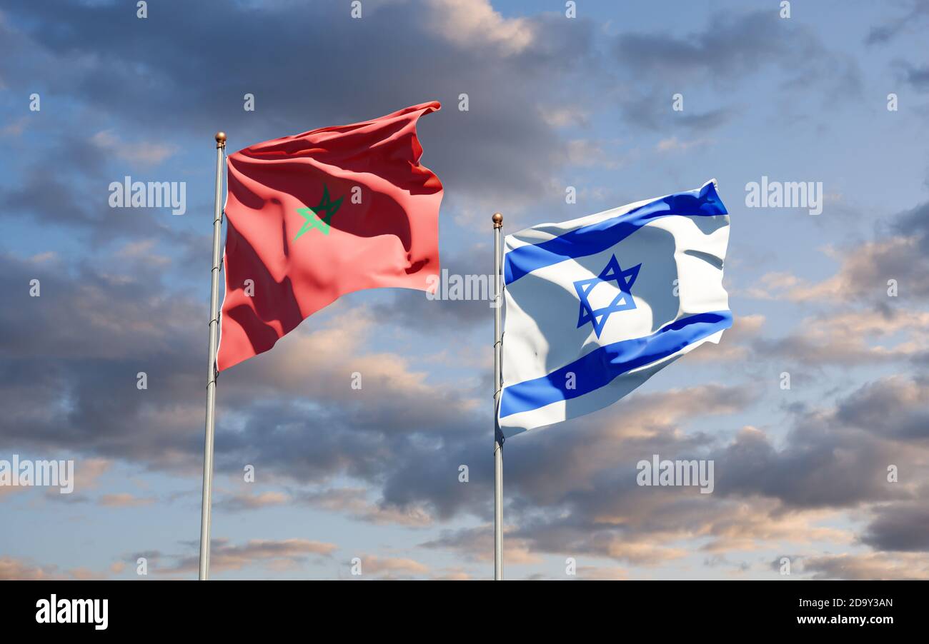 Beautiful national state flags of Morocco and Israel together at the ...