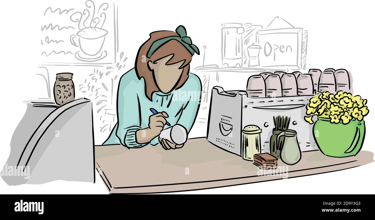 female barista writing name on glass in coffee shop vector illustration ...