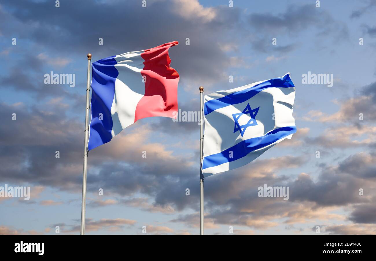 Beautiful national state flags of France and Israel together at the sky ...