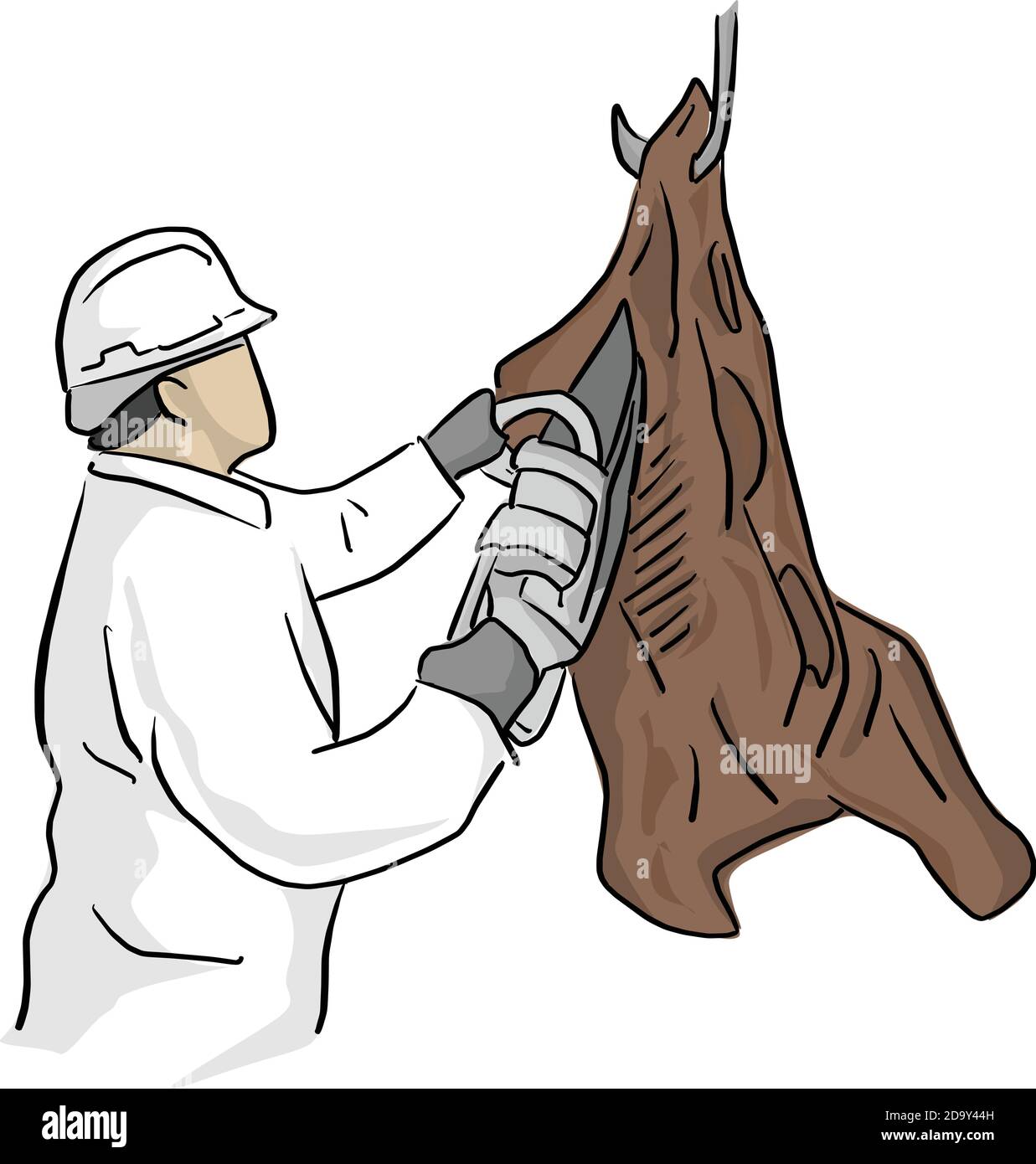 male butcher using chainsaw to cut hanging meat vector illustration ...