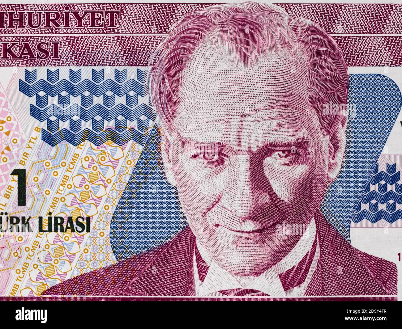 Kemal Ataturk portrait on Turkish 1 lira banknote close up macro, first ...