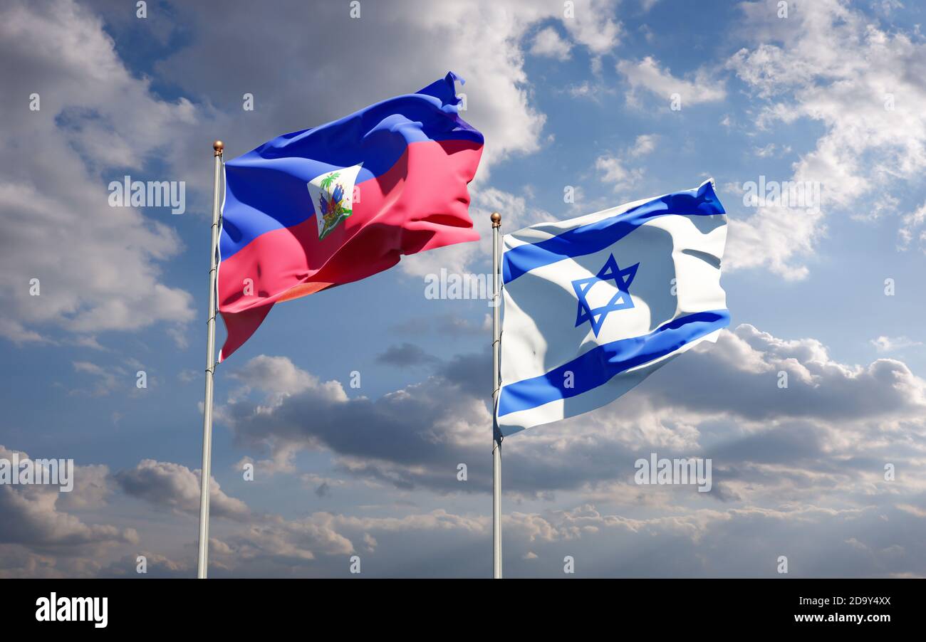 Beautiful national state flags of Haiti and Israel together at the sky ...