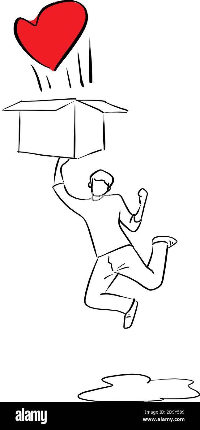 man jumping to the box with red heart vector illustration sketch doodle ...