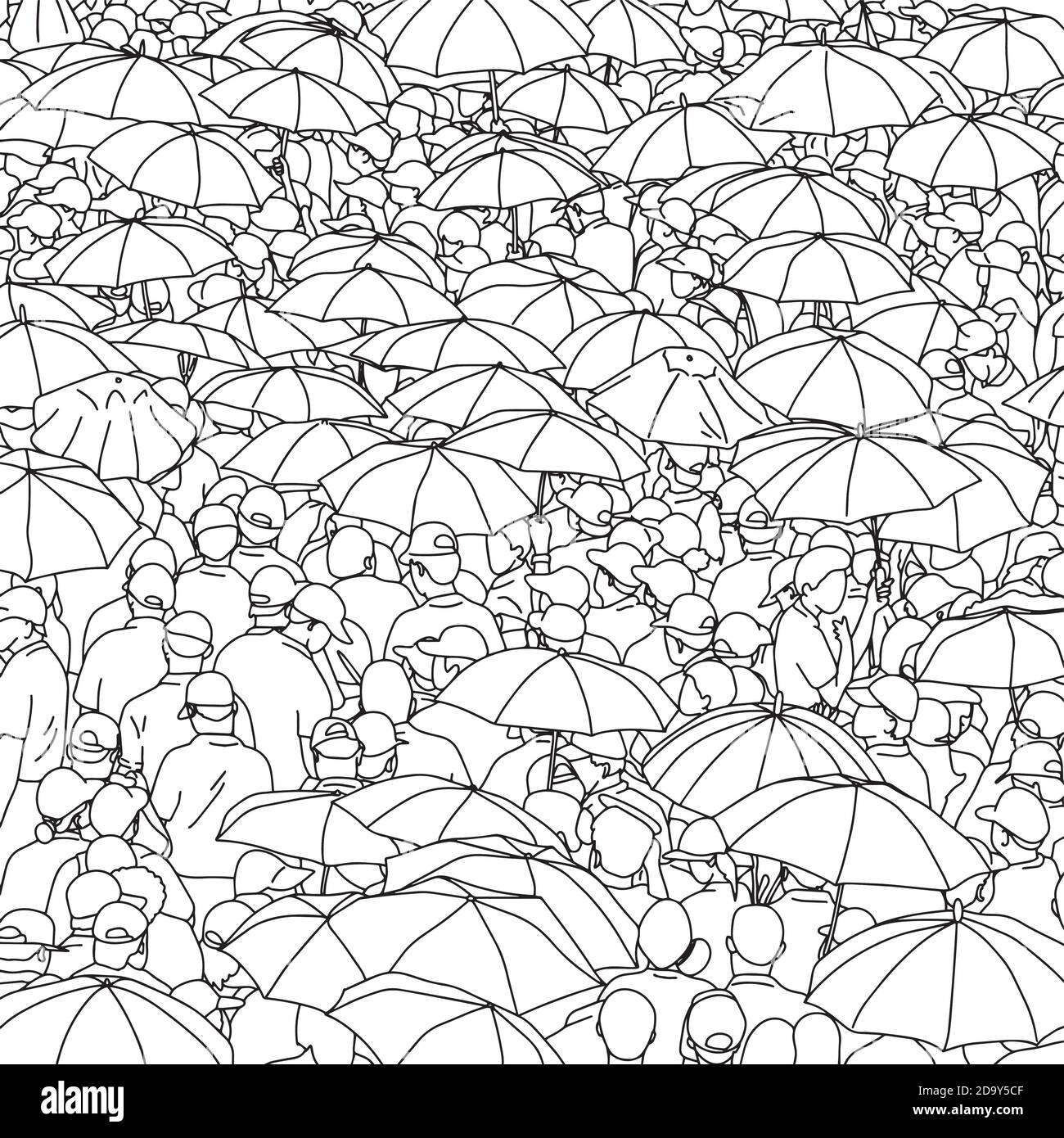 crowd people on street with umbrella vector illustration sketch doodle ...