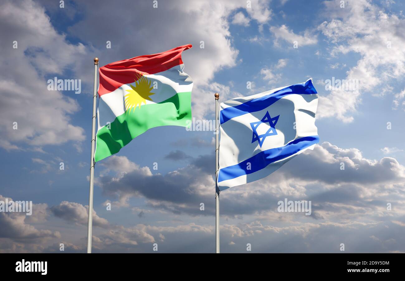 Beautiful national state flags of Kurdistan and Israel together at the ...