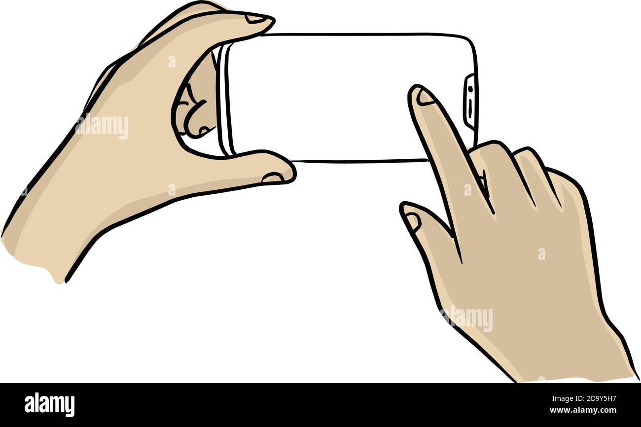 two hands using smartphone with notch display vector illustration ...