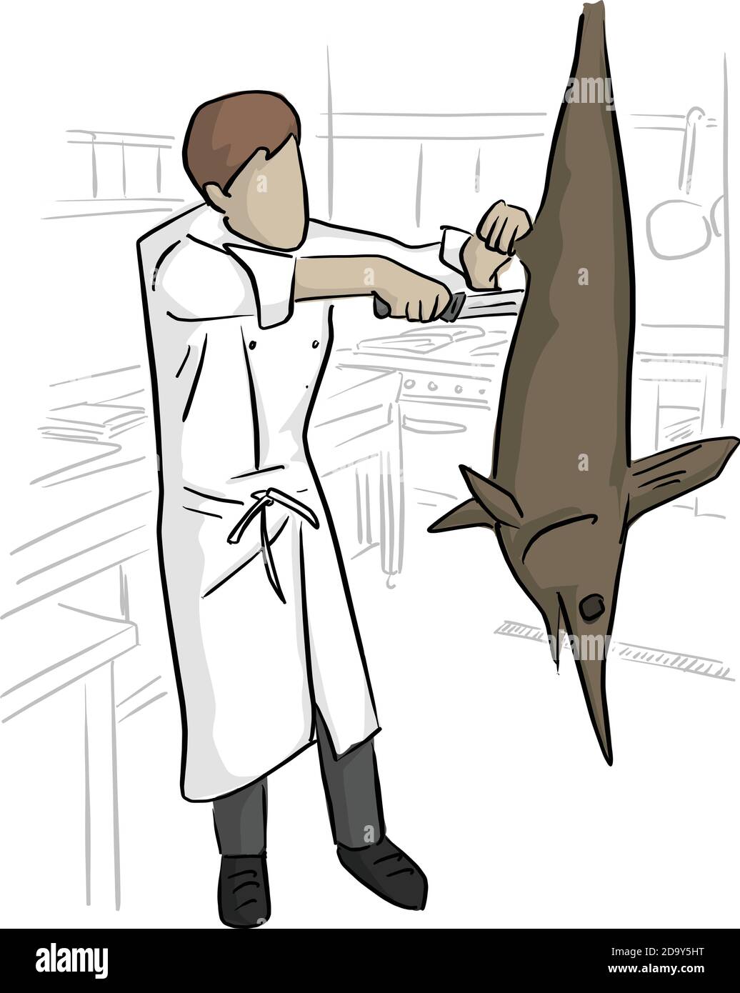 chef cutting big fish in kitchen vector illustration with black lines ...