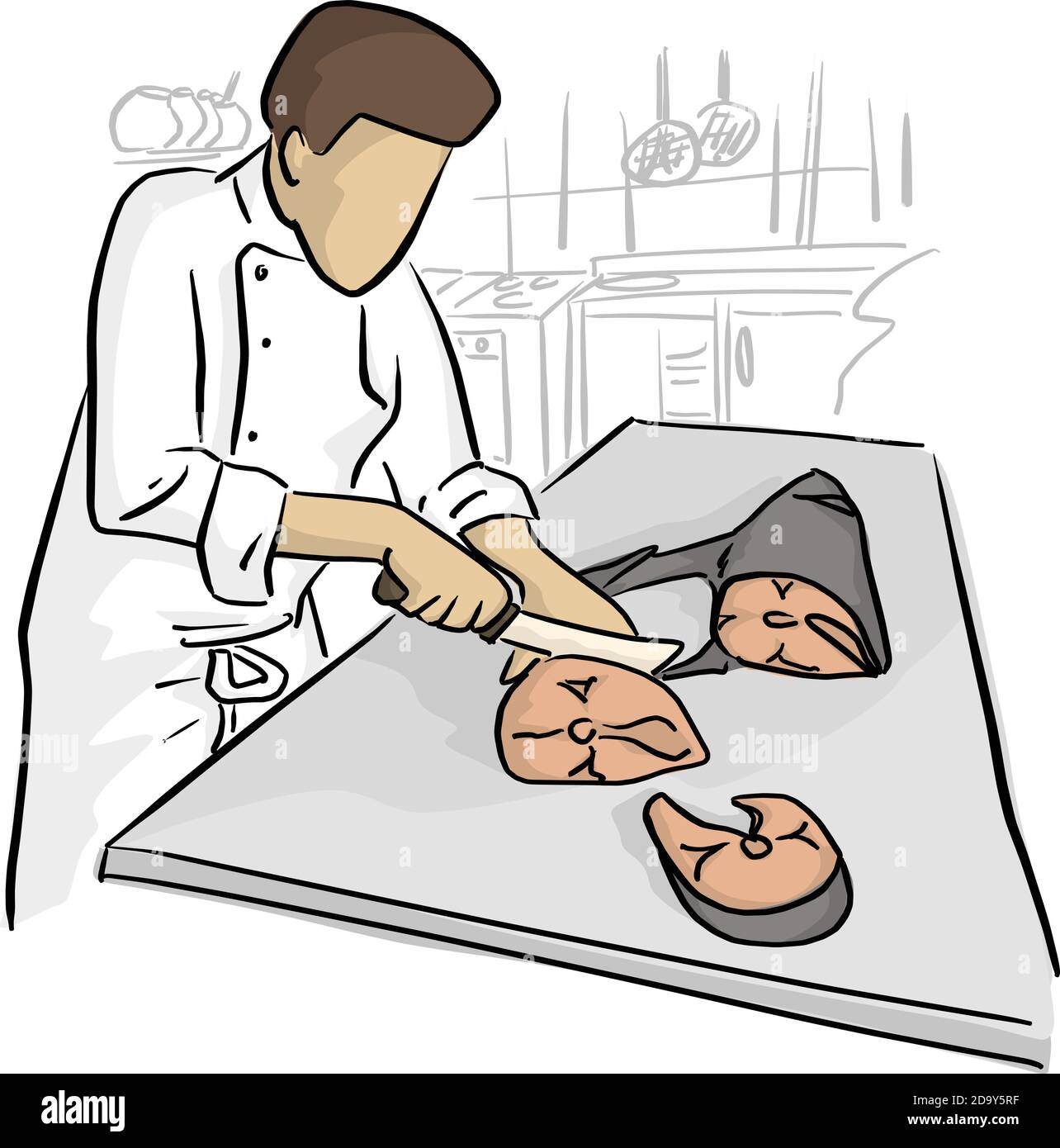 chef in uniform cutting fish on table in kitchen vector illustration ...