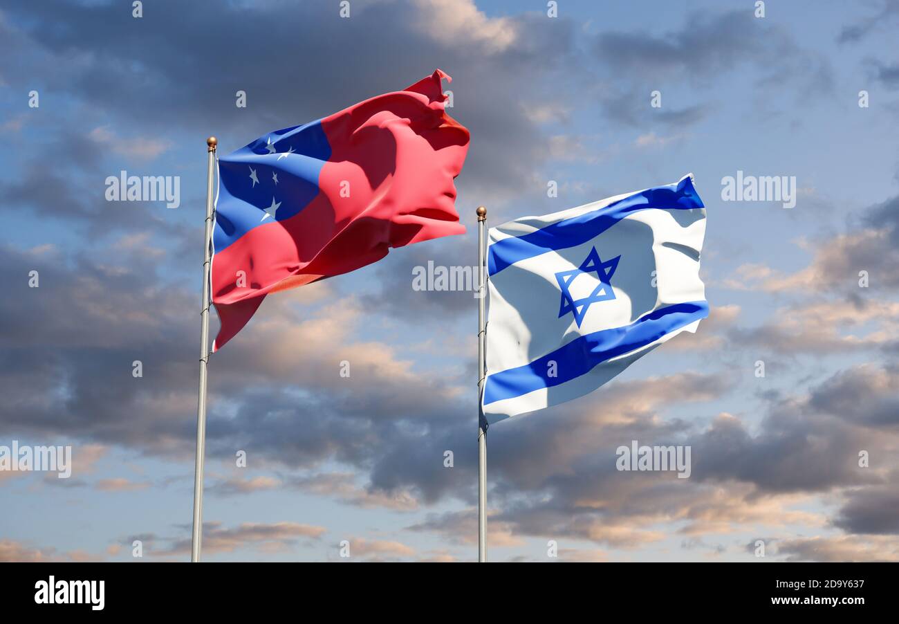 Beautiful national state flags of Samoa and Israel together at the sky ...