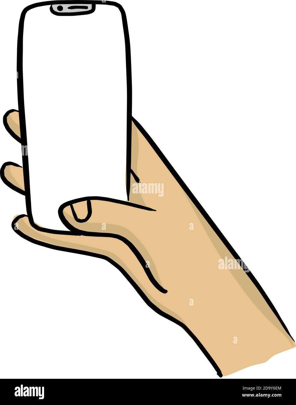 hand holding mobile phone with notch display vector illustration sketch ...