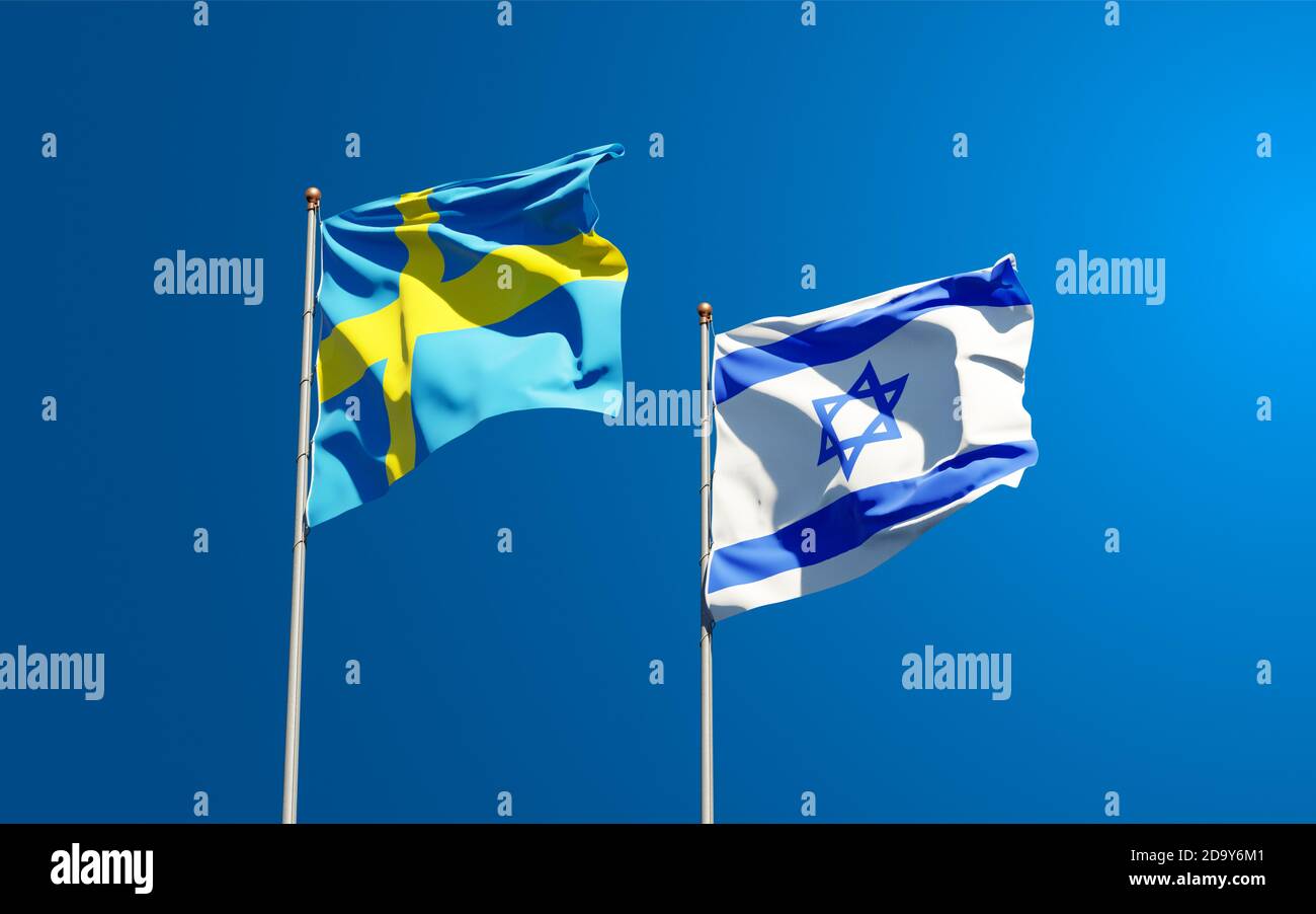 Beautiful national state flags of Sweden and Israel together at the sky ...