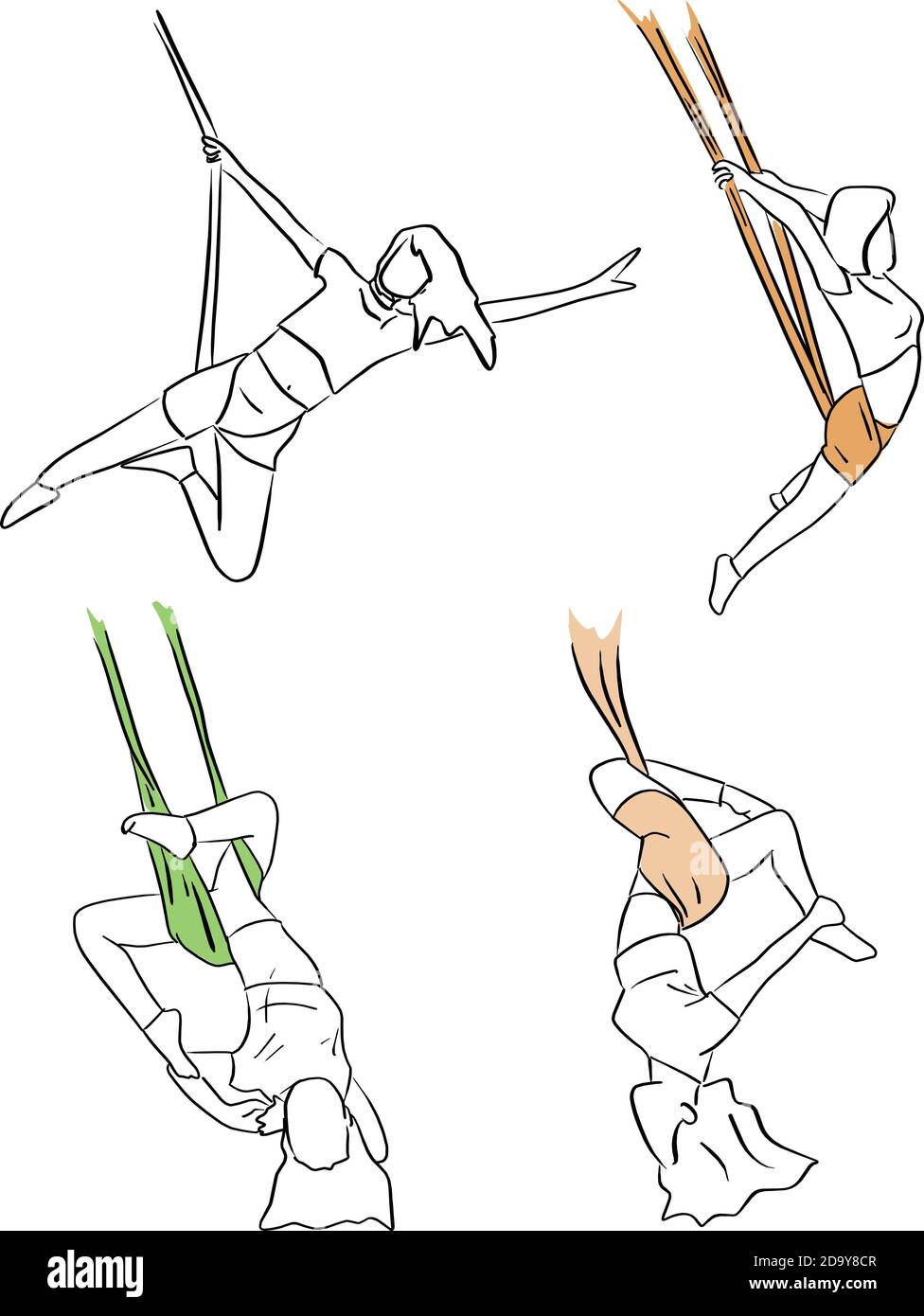 set of woman doing aerial yoga vector illustration sketch doodle hand ...