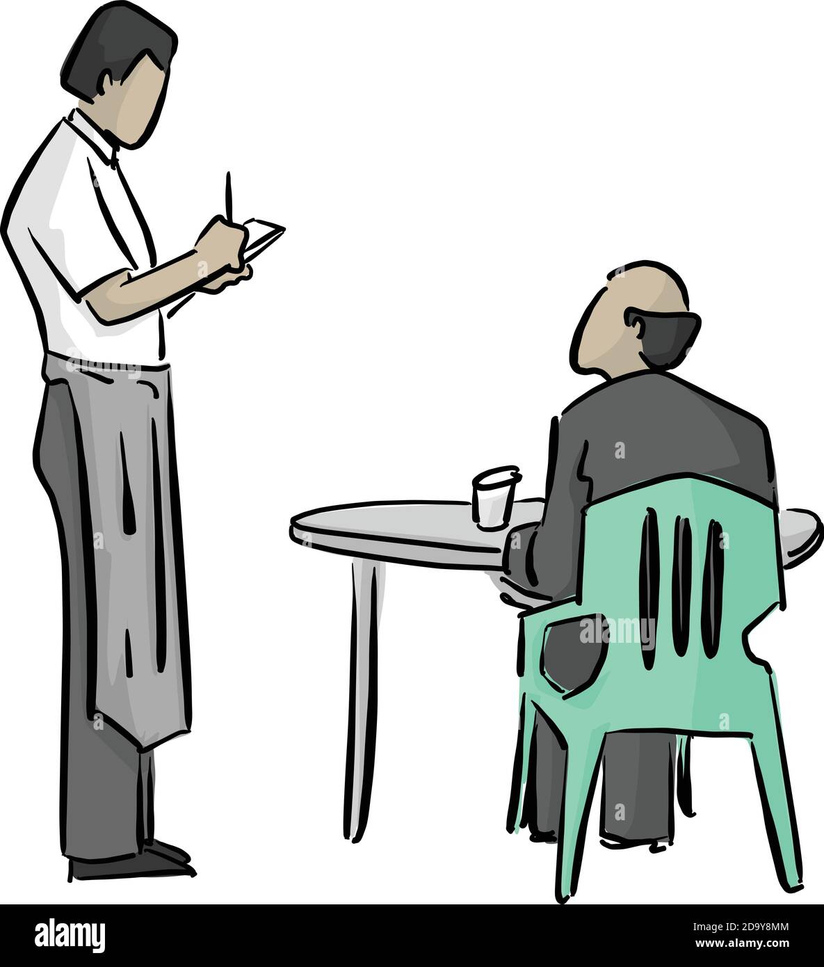 male waiter writing a note vector illustration with black lines ...