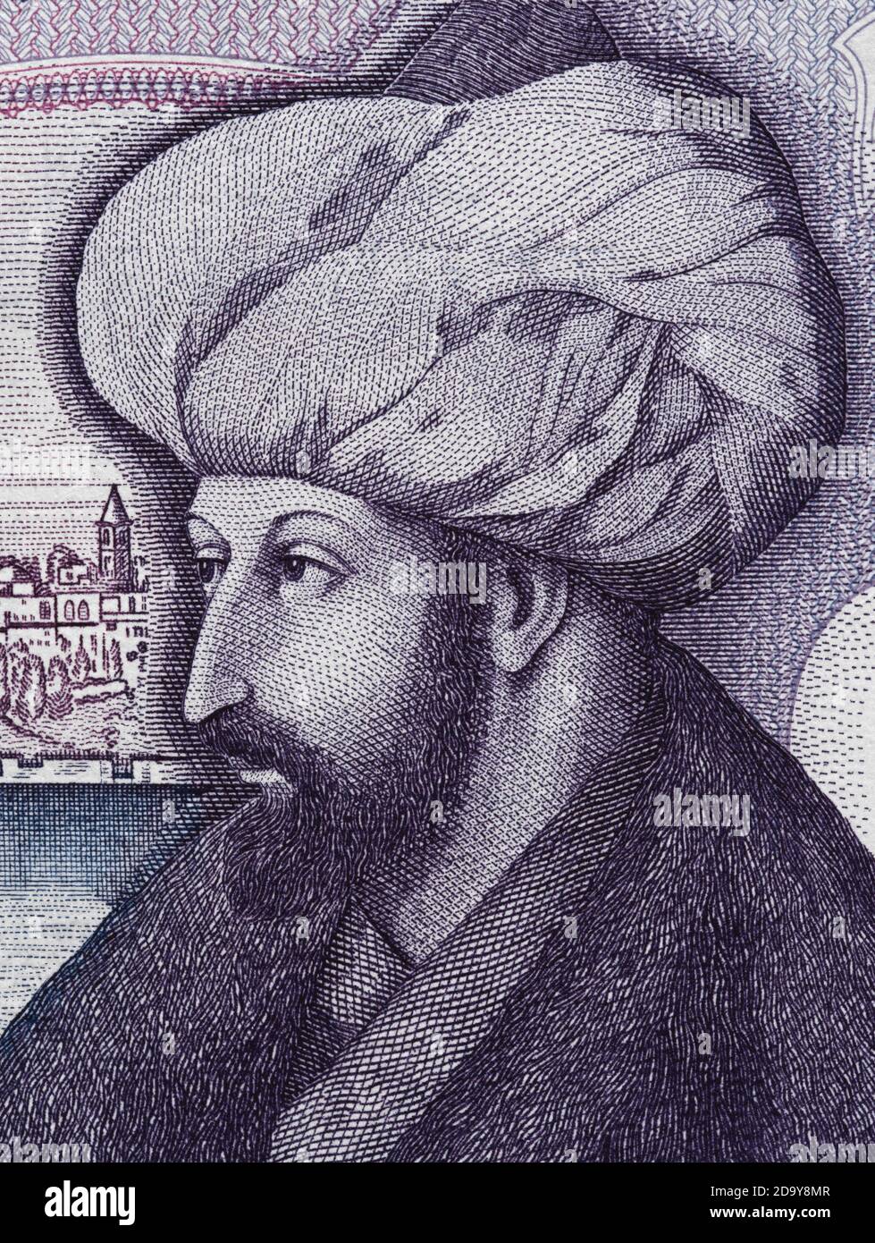 Sultan Mehmed II the Conqueror on turkish 1000 lira banknote macro ...