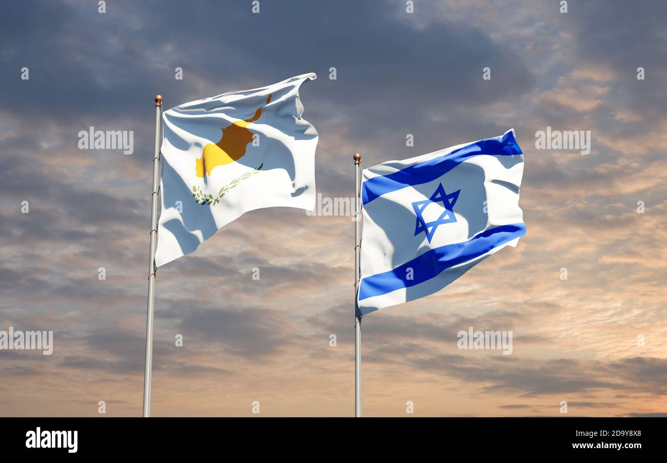 Beautiful national state flags of Israel and Cyprus together at the sky ...
