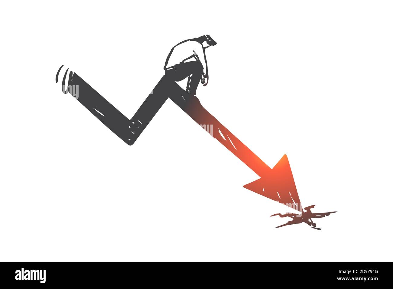 Business loss, graph arrow decline, bankruptcy concept sketch. Hand ...