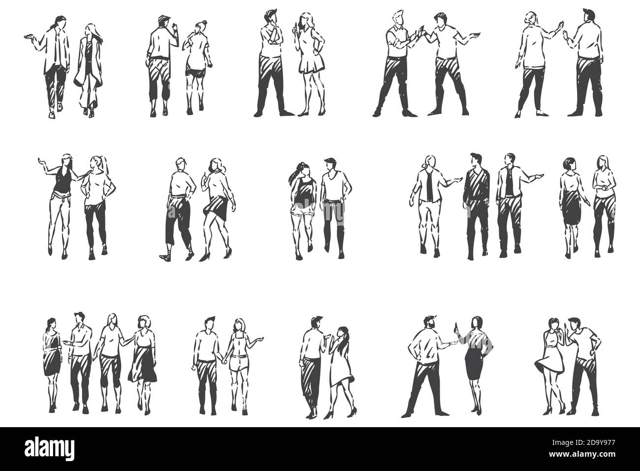 People communicating and walking outside concept sketch. Hand drawn ...