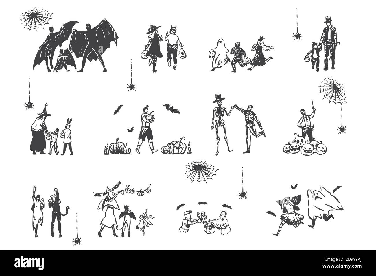 Halloween, people in fancy dress concept sketch. Hand drawn isolated ...