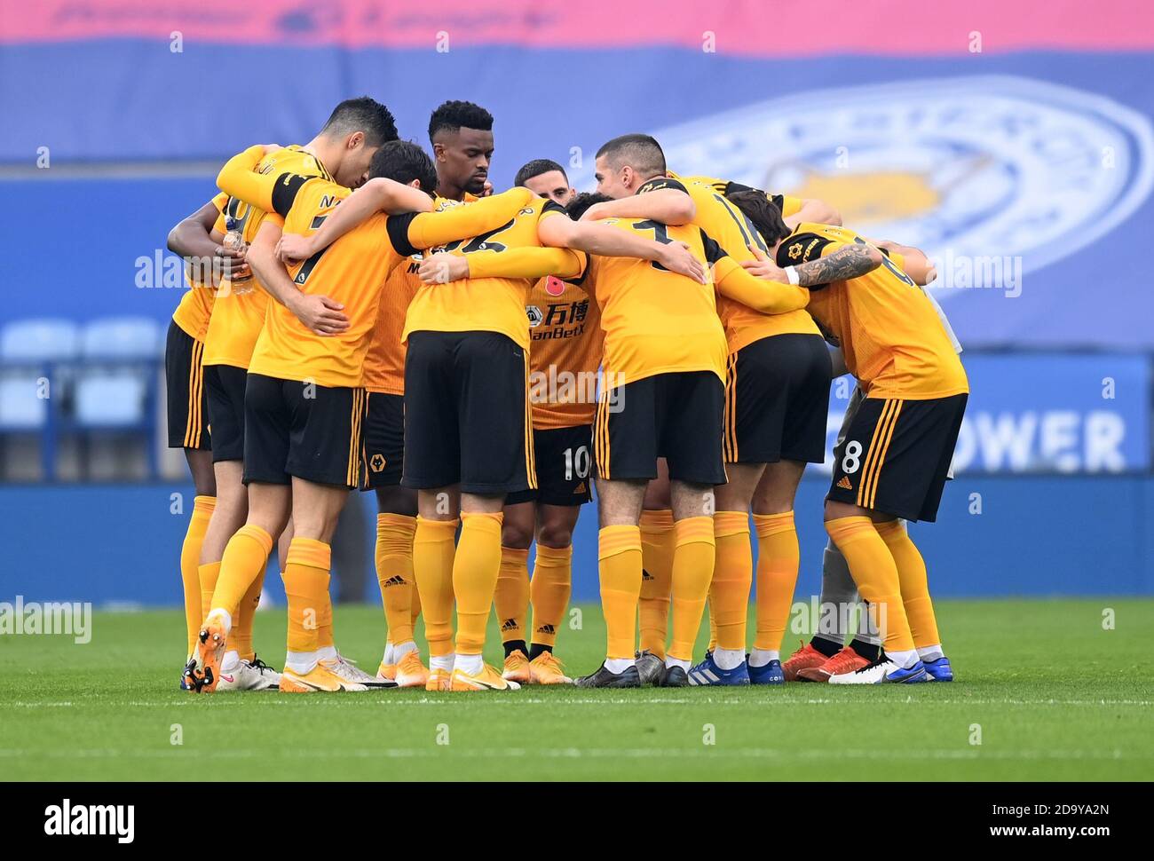Wolverhampton Wanderers players huddle before the Premier League match ...