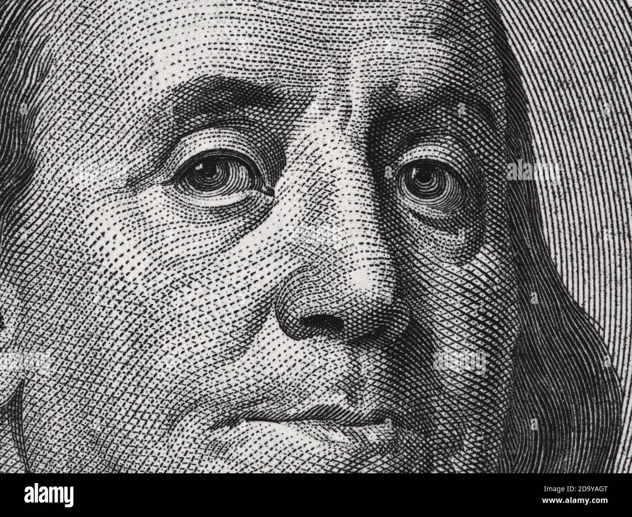 Benjamin Franklin face on us one hundred dollar bill macro, united ...
