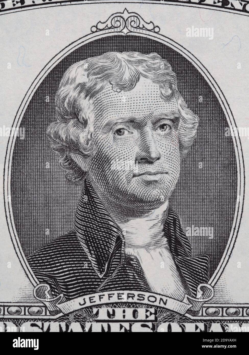 President Thomas Jefferson face on us two dollar bill macro, united ...