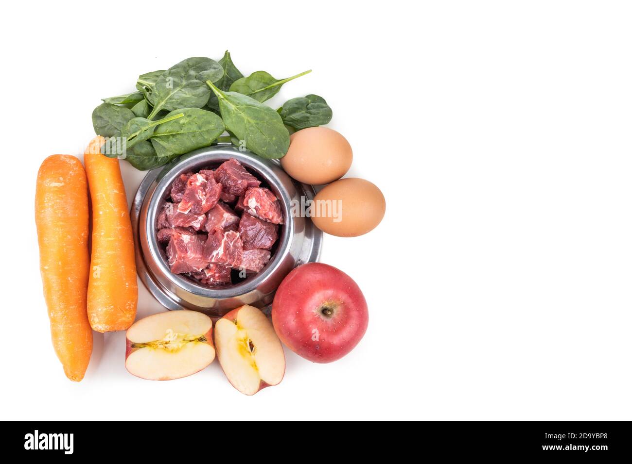 Overhead view of barf raw food ingredients recipe for dogs consisting ...