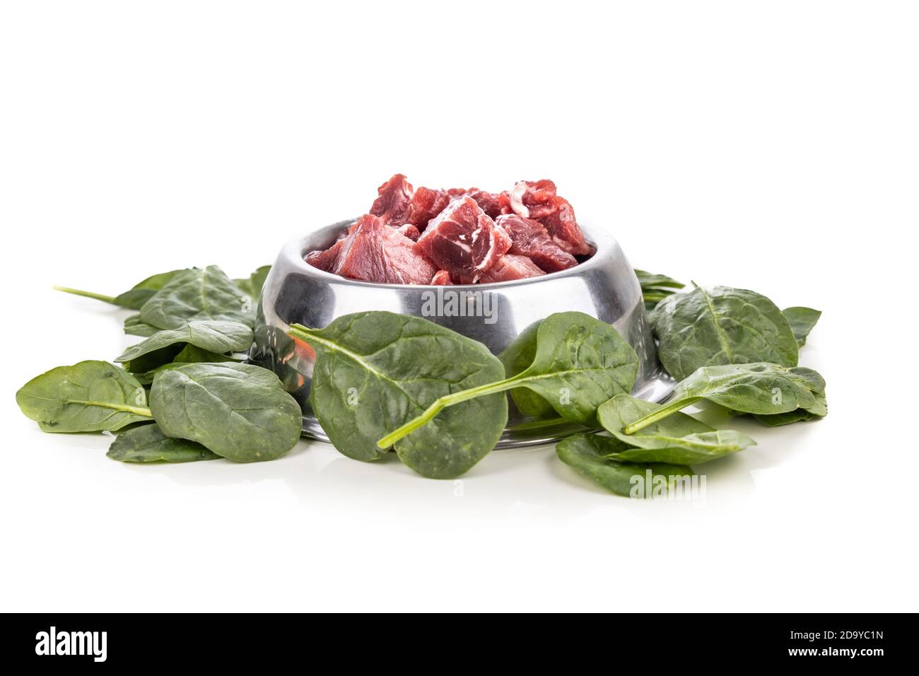 Serving of raw barf beef meat chunk for dog meal with spinach vegetable ...