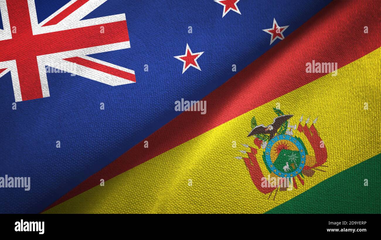 New Zealand and Bolivia two flags textile cloth, fabric texture Stock ...