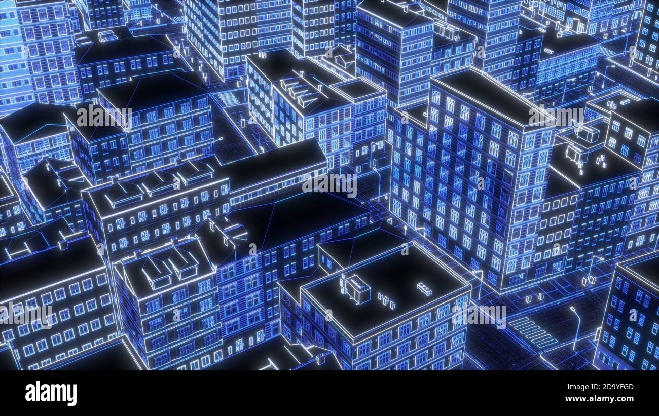 Neon drawing city Urban landscape silhouette Glow light effect City ...