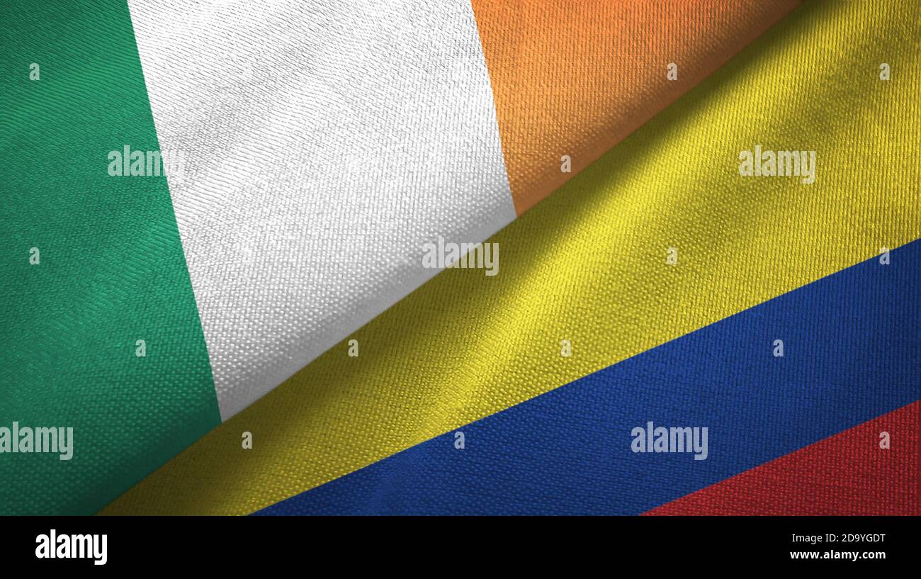 Ireland and Colombia two flags textile cloth, fabric texture Stock ...