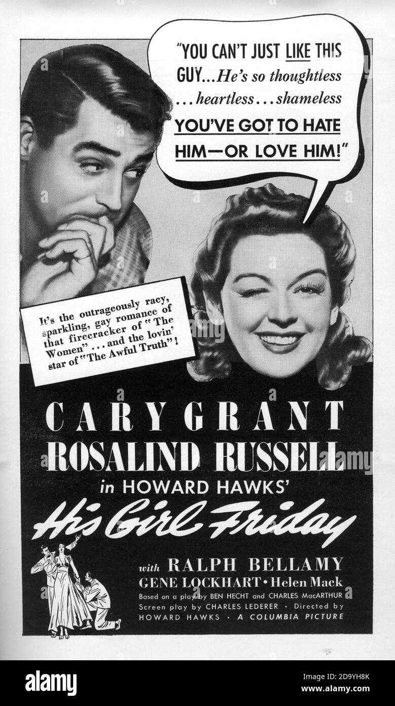 CARY GRANT and ROSALIND RUSSELL in HIS GIRL FRIDAY 1940 director HOWARD ...