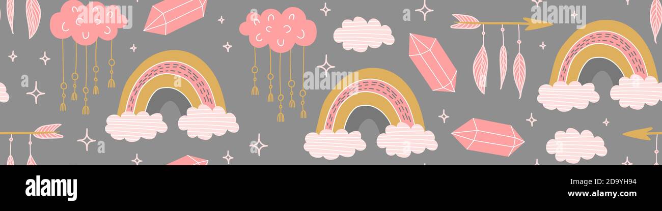 Boho seamless horizontal border. Colored hand drawn objects on gray ...