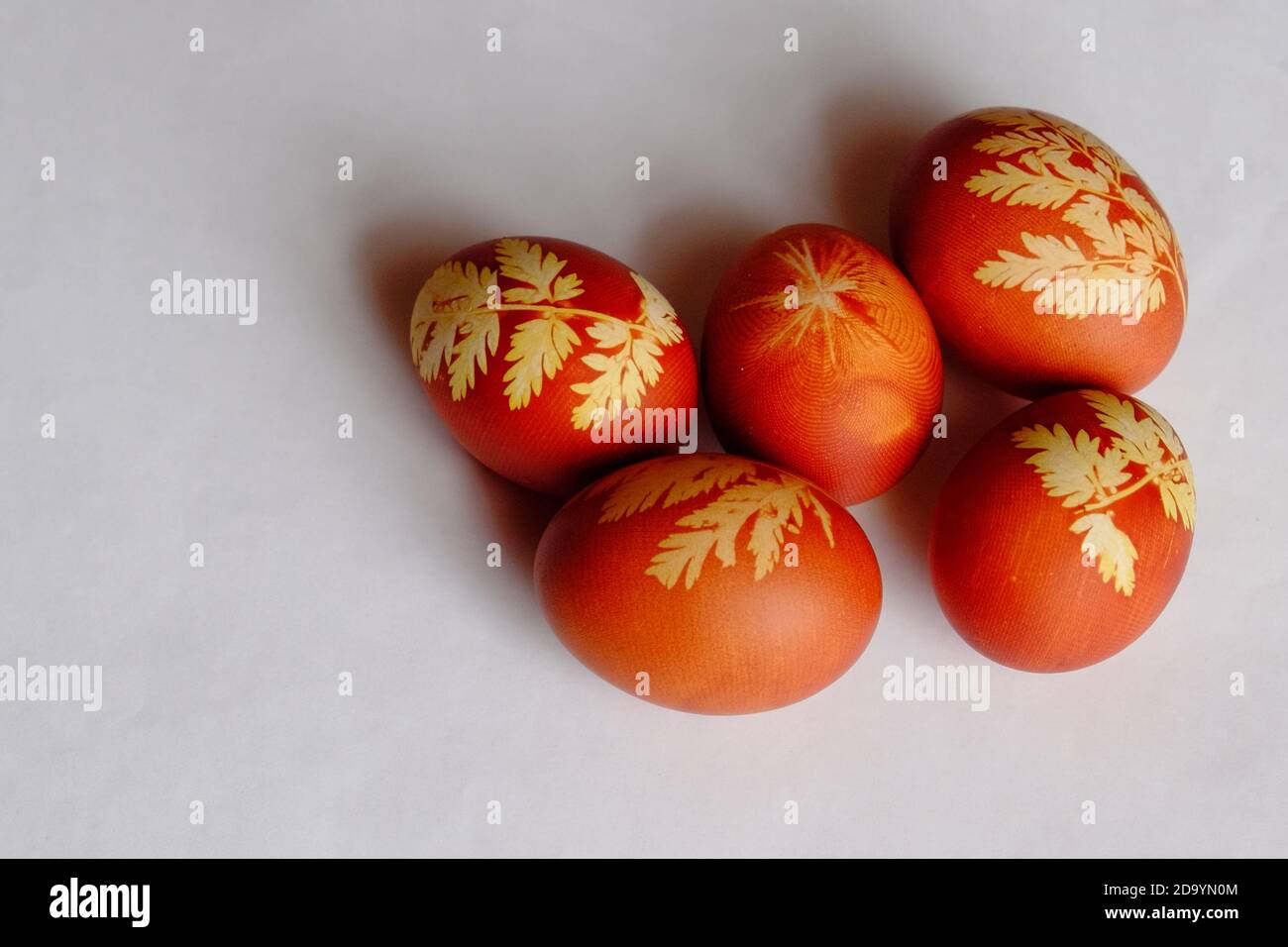 Painted Easter eggs on a white background. Floral pattern on a red ...